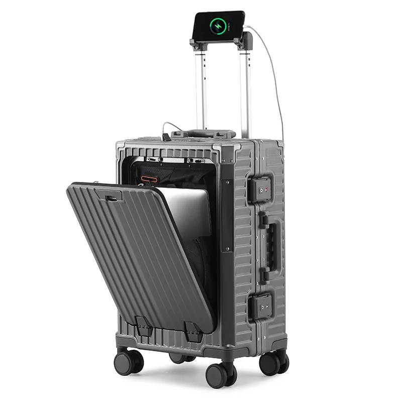 New-Aluminum-Frame-Suitcase-Trolley-Box-Multifunctional-Front-Open-Lid ...