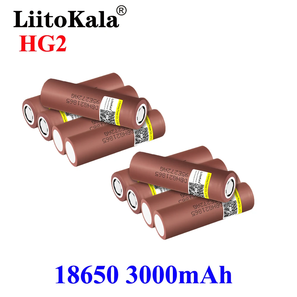 LiitoKala-Bateria Recarregável Original, HG2 18650, 3000mAh, Descarga 3.7V, 20A, Potência ...