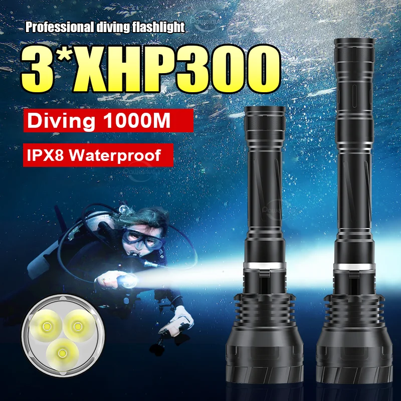 Most-Powerful-3-XHP300-Professional-Diving-Flashlight-Underwater-IPX8 ...