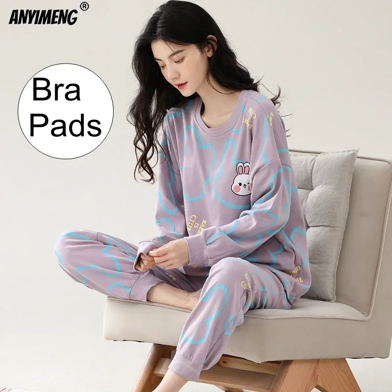 M-5XL-Spring-Autumn-Long-Sleeves-Women-Pajamas-Cotton-Chest-Padded ...