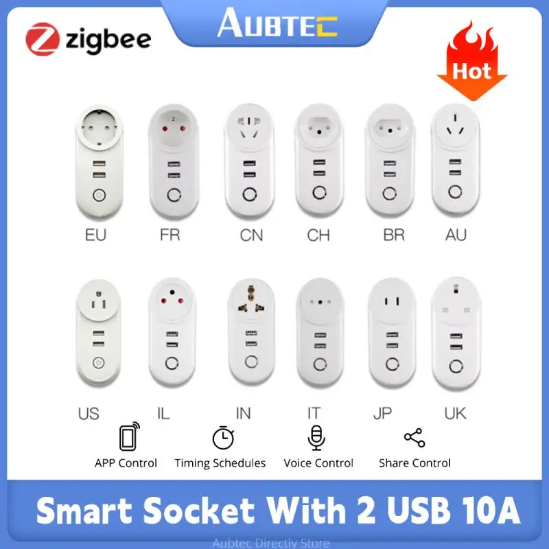 ZIGBEE Smart Socket Plug With 2 USB Ports 100-240V SmartThings APP ...