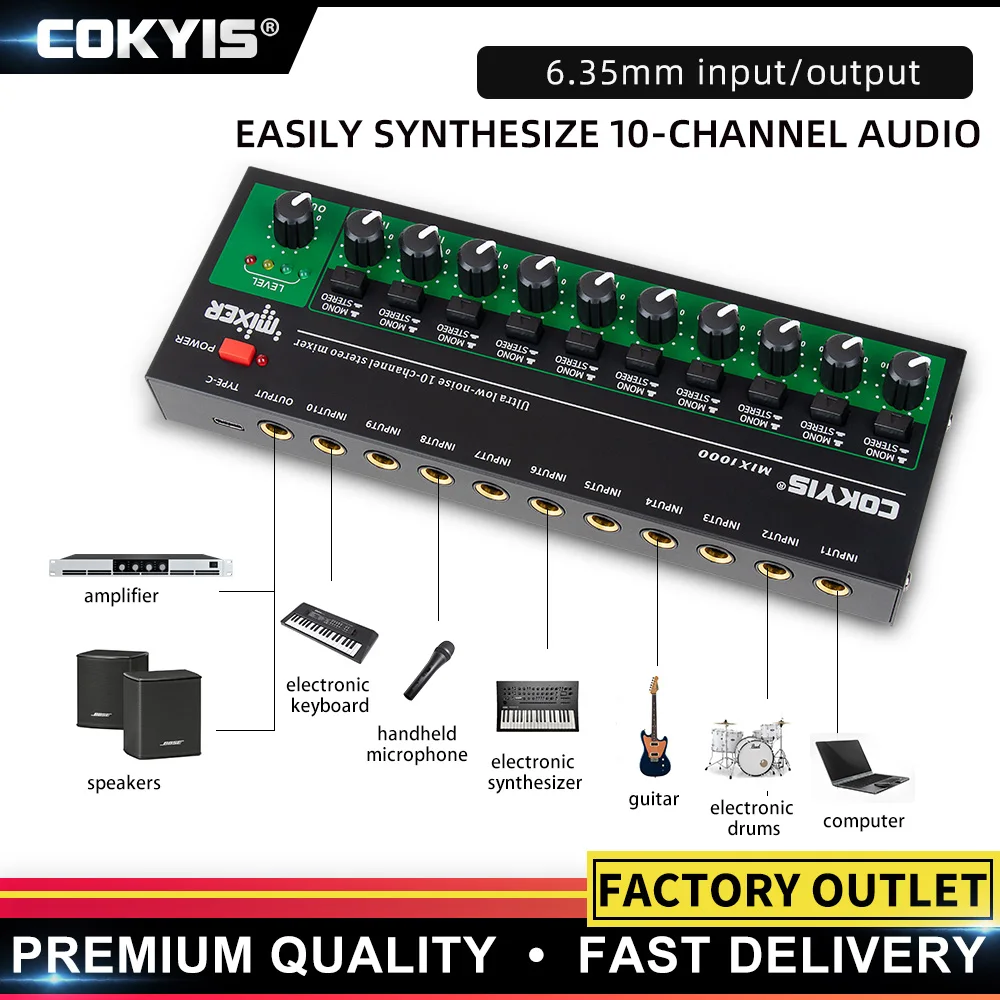 10-Channels-Audio-Mixer-Portable-Ultra-Low-Noise-Line-Mixer-Stereo ...