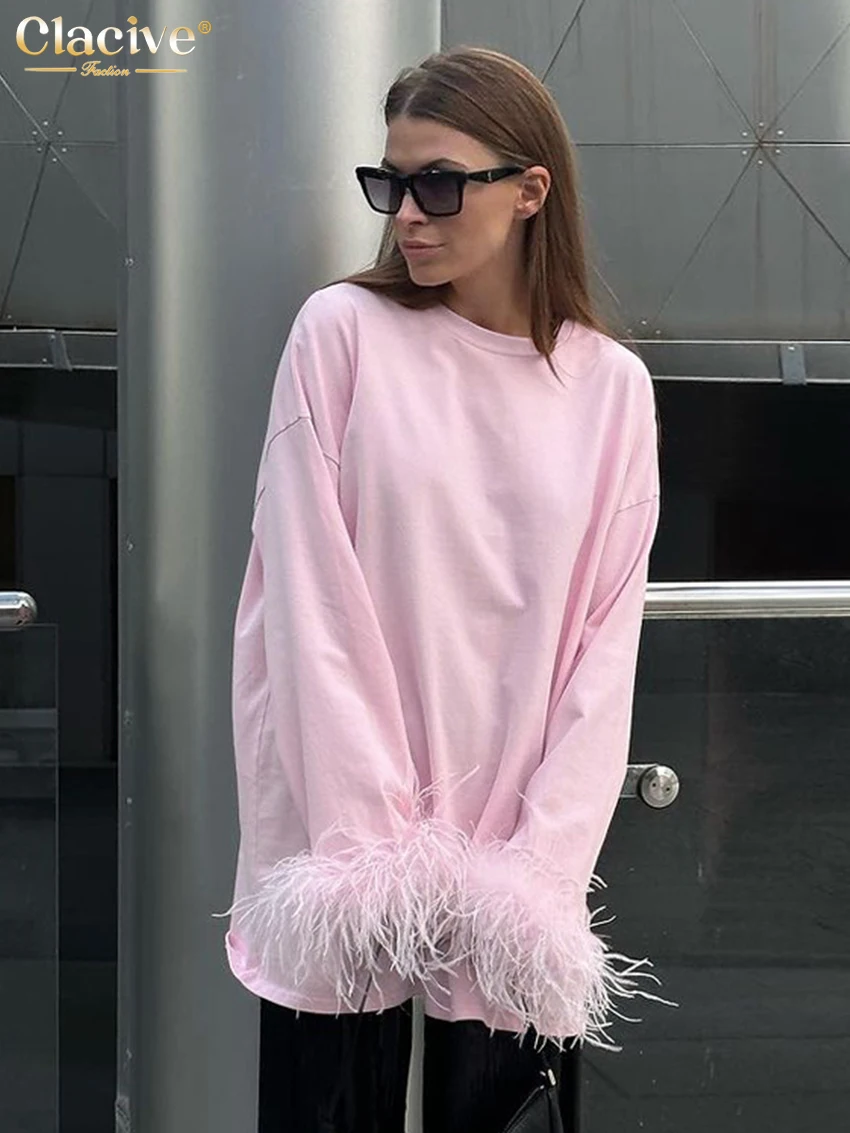 Clacive Casual Loose Pink Cotton Women's Top Fashion O-Neck Feather ...