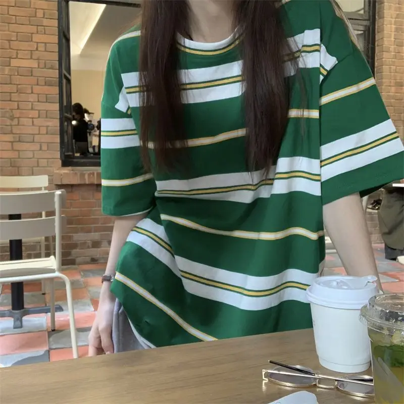 Summer New Women's Loose Fit Striped Short Sleeve T-Shirt Casual Lazy ...