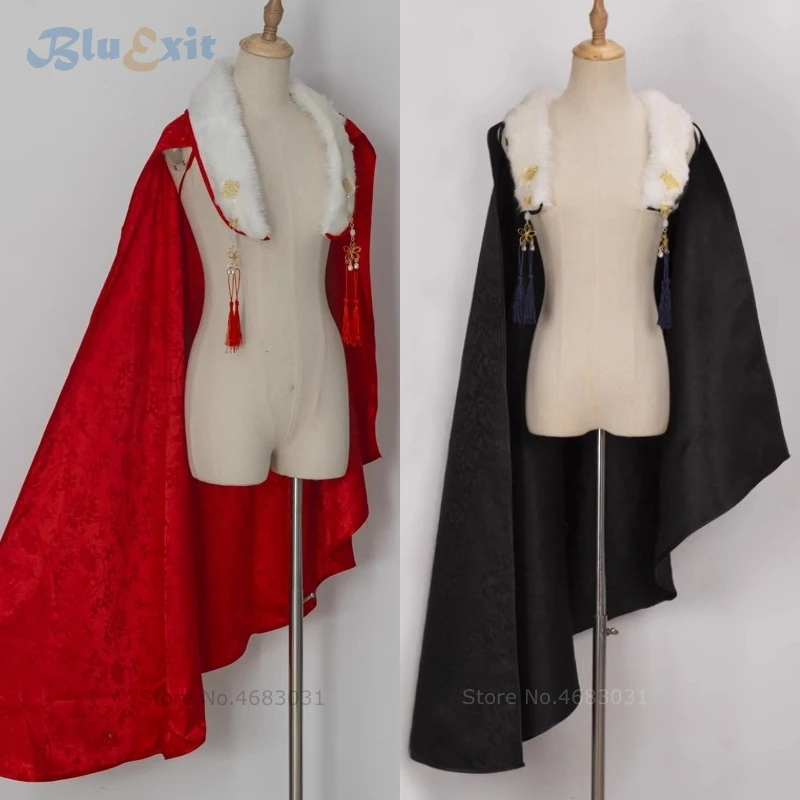 Long-Black-Red-Hanfu-Cloak-Cape-Pattern-White-Faux-Fur-Collar-Tassels ...