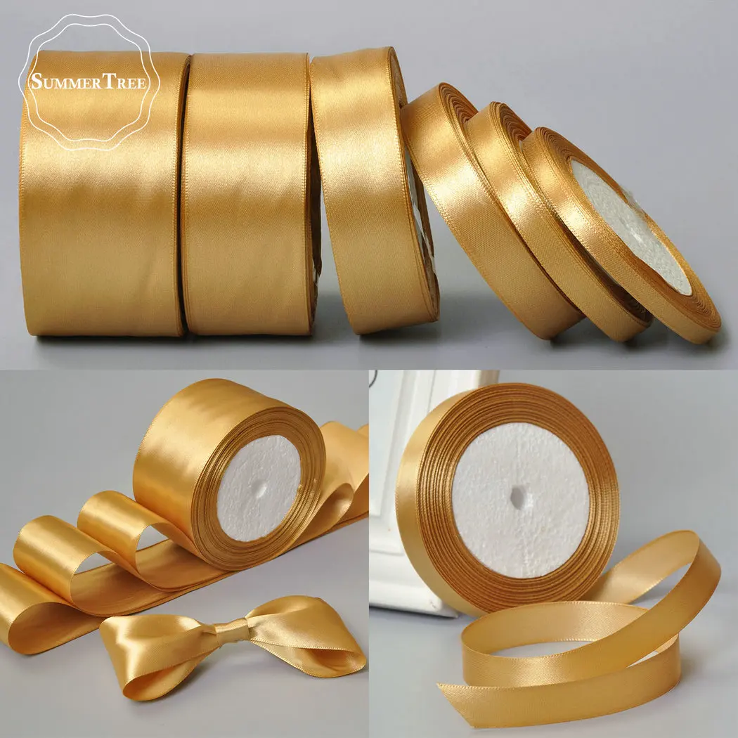 Gold 25yards 6mm 10mm 15mm 25mm 38mm 50mm Satin Ribbon Sash Gift Bow ...