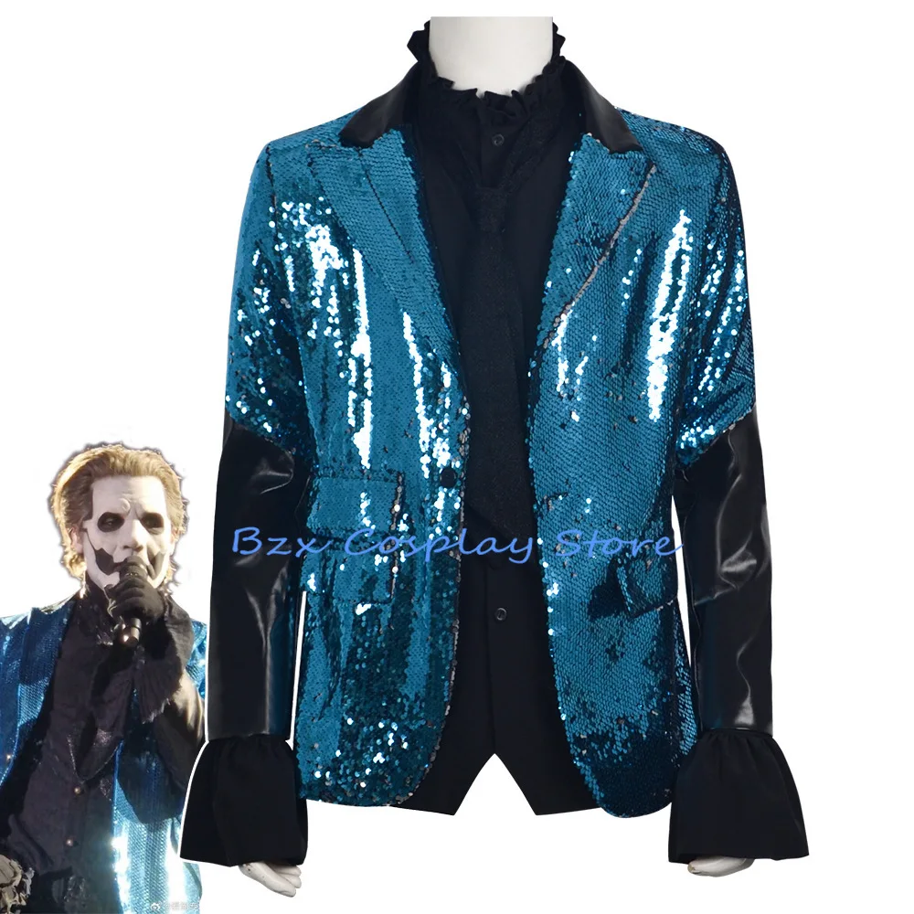 Anime Ghosts Cosplay Man Blue Sequin Coat Cosplay Jacket Shirt Tie ...