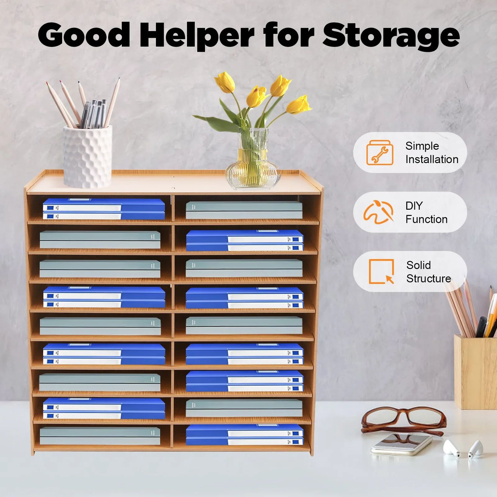 Wood File Organizer, 18 Slots Document Letter Tray Sorter, Desktop ...