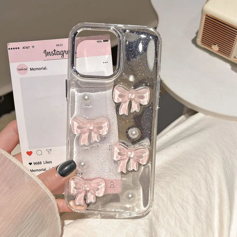 Korean Cute 3D Pink Bowknot Pearl Clear Phone Case For iPhone 16 15 14 ...