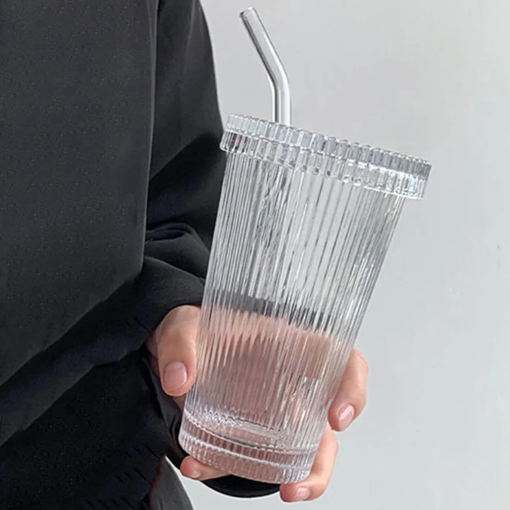 375ML-Vertical-Striped-Glass-Cup-with-Lid-and-Straw-Transparent-Milk ...