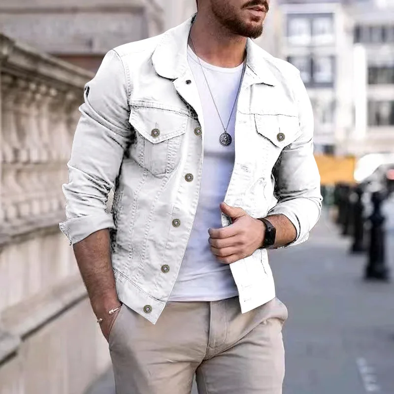 Casual Solid Color Long Sleeve Pocket Fashion Lapel Men's Denim Jacket