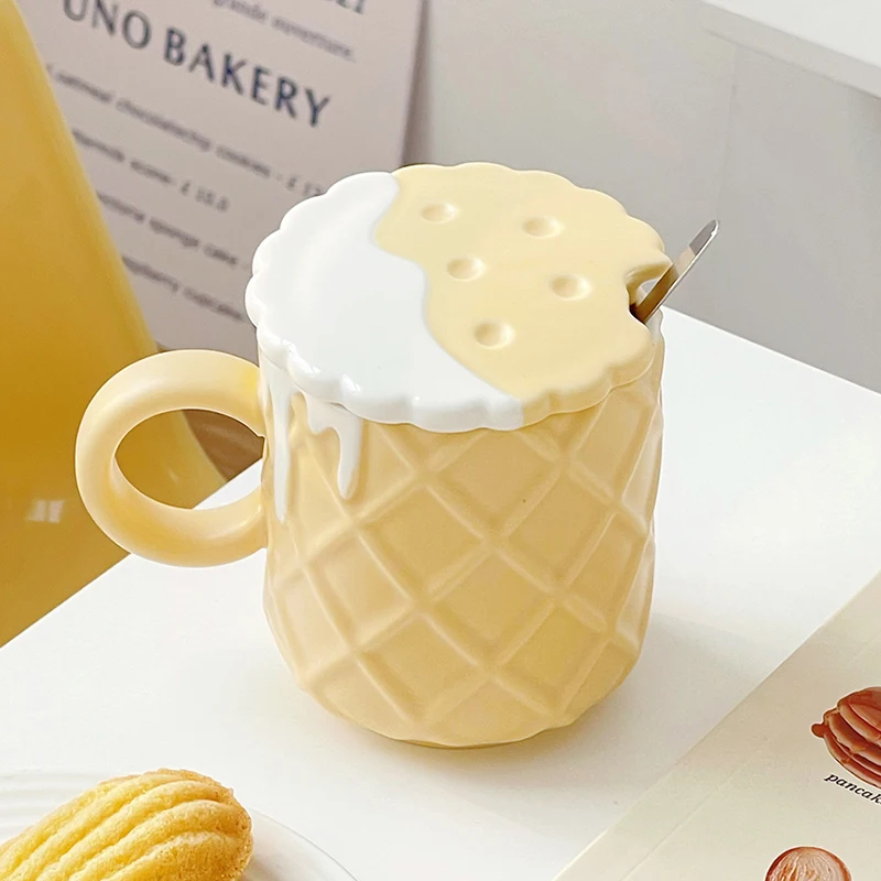 뚜껑이 달린 세라믹 물컵 귀여운 머그잔 커플 컵 여아용 창의적인 아침 식사 우유 컵 스푼 홈 마시는 컵 위시버킷