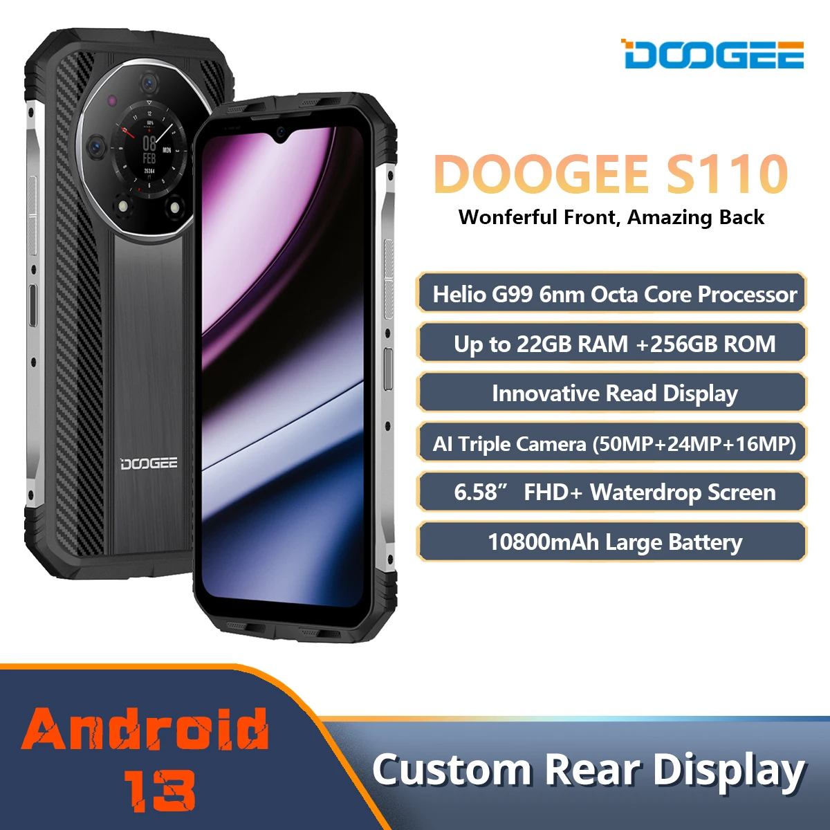 DOOGEE S110 Rugged Phone 6.58” FHD Waterdrop Screen Helio G99 Octa Core ...