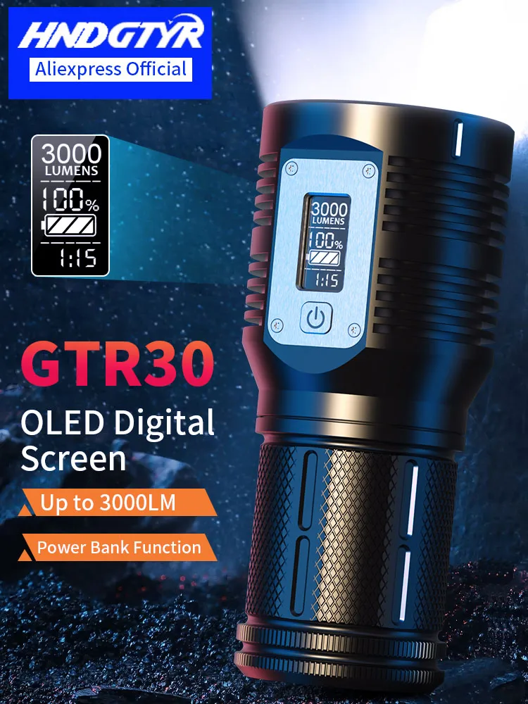 HNDGTYR-Powerful-Flashlight-GTR30-Type-C-Rechargeable-LED-Torch-3000-Lumens-OLED-Digital-Display ...