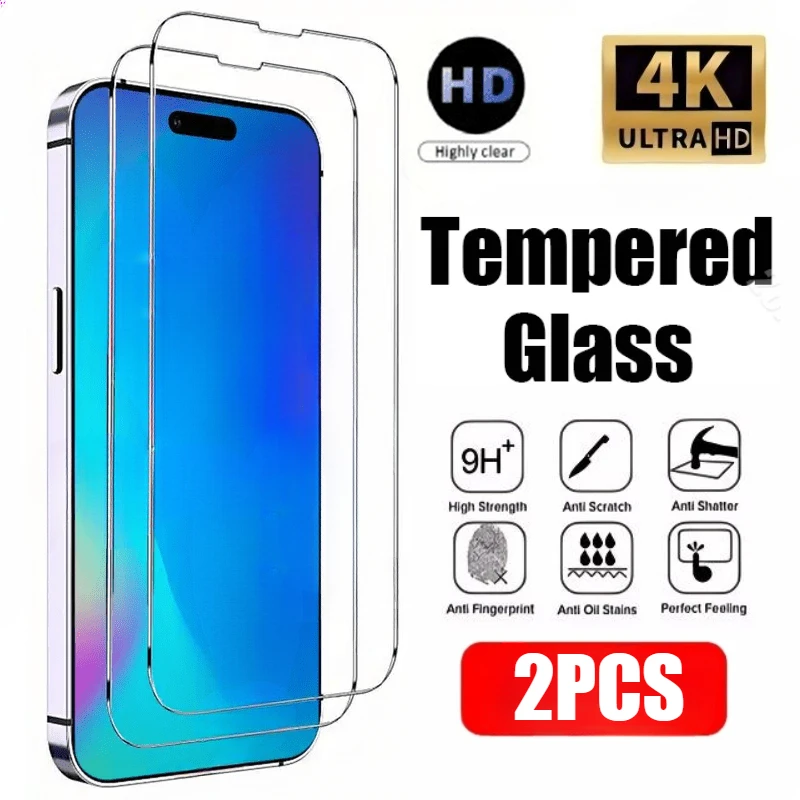 2Pcs Ultra Clear Tempered Glass For iPhone 16 15 14 13 Pro Max 12 11 ...