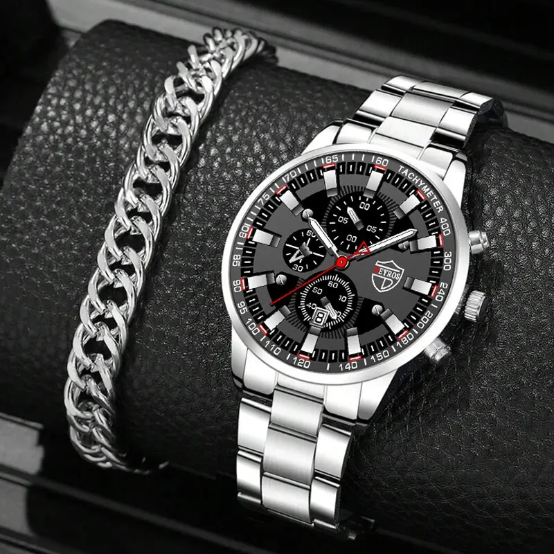 2PCS-Fashion-Mens-Silver-Bracelet-Watches-Set-Men-Business-Stainless ...