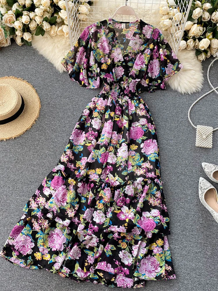 Women Floral Printed Long Dress Bohemian Sexy V-neck Short Sleeve High ...