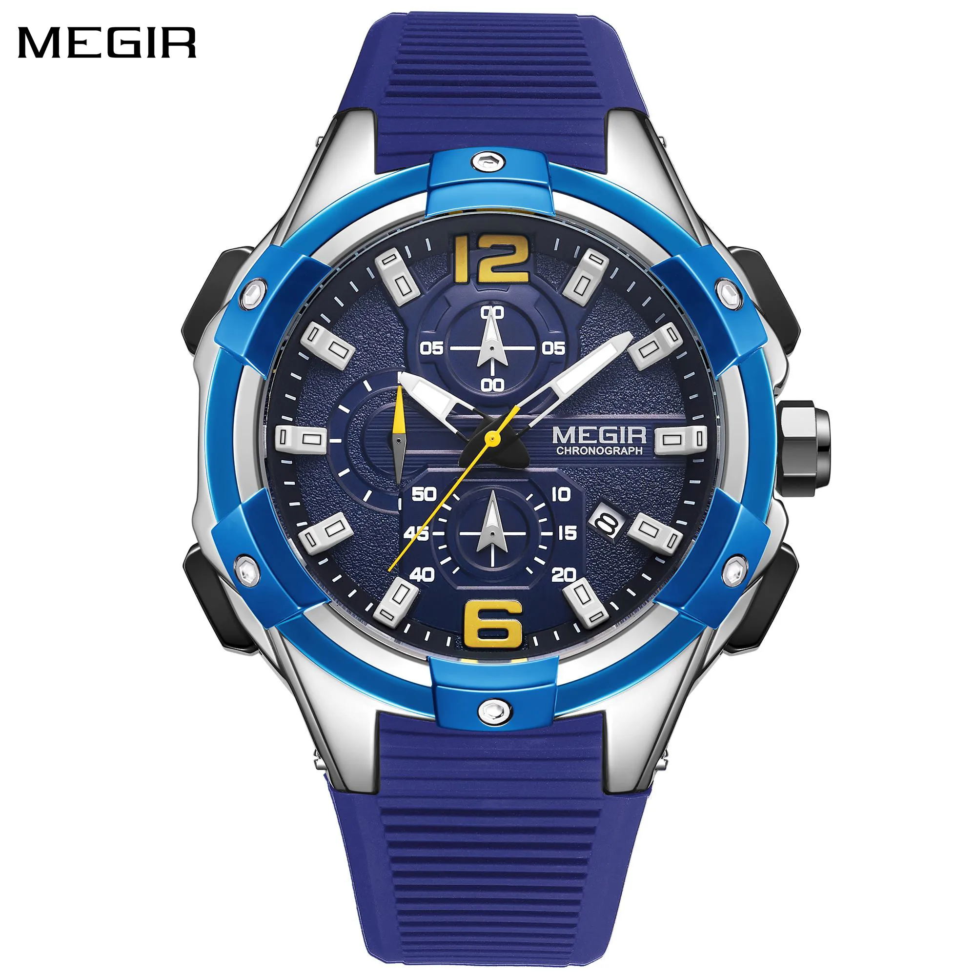 MEGIR Men Watch Silicone Strap Big Dial Chronograph Original Luxury ...