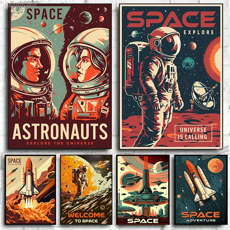 Vintage-Space-Astronauts-Rocket-Ufo-Aliens-Spacecraft-Canvas-Painting ...