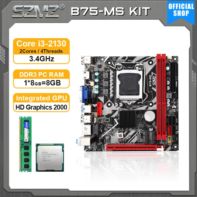 SZMZ ITX Kit Motherboard, B75, LGA 1155, B75, MS, Core i3, 2130 Processador, 8GB de Memória DDR3 ...