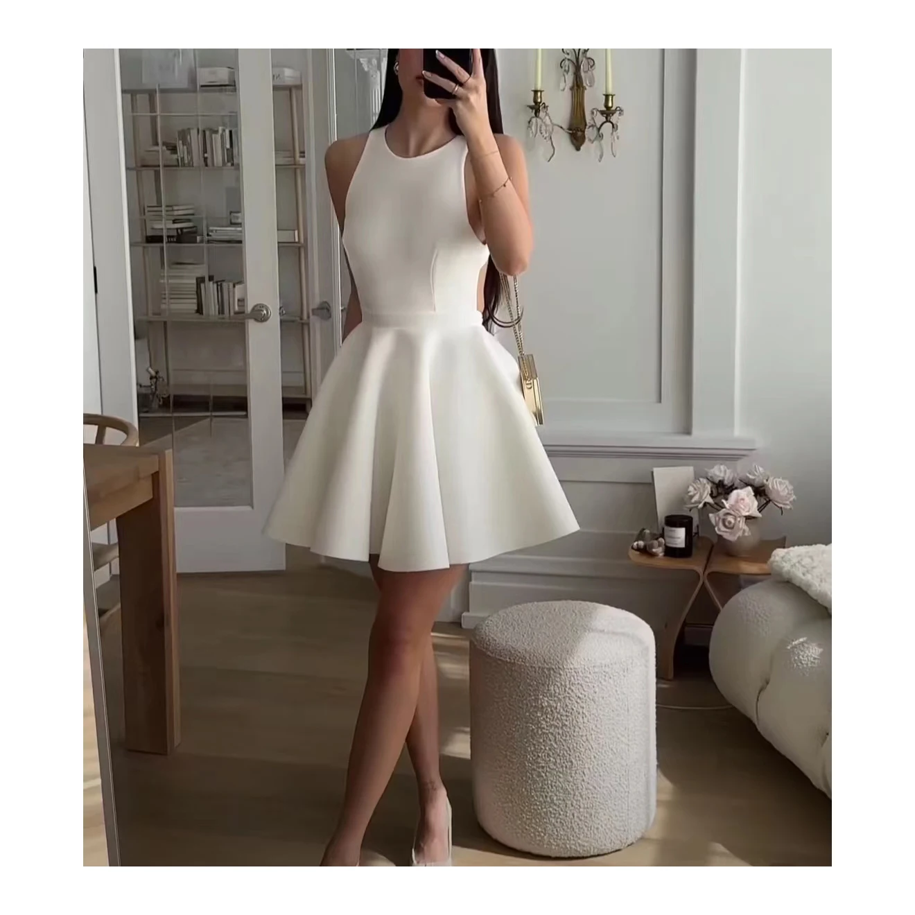 Elegant-Round-Neck-Sleeveless-Short-Prom-Dresses-White-Crepe-A-Line ...