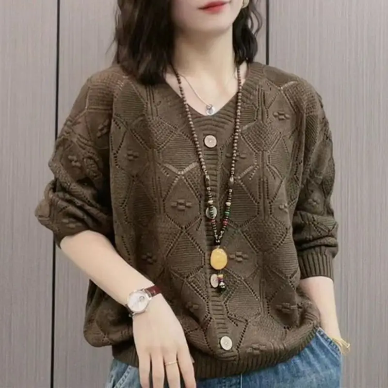 Simple-versatile-new-spring-autumn-solid-color-hollow-V-neck-women-s ...