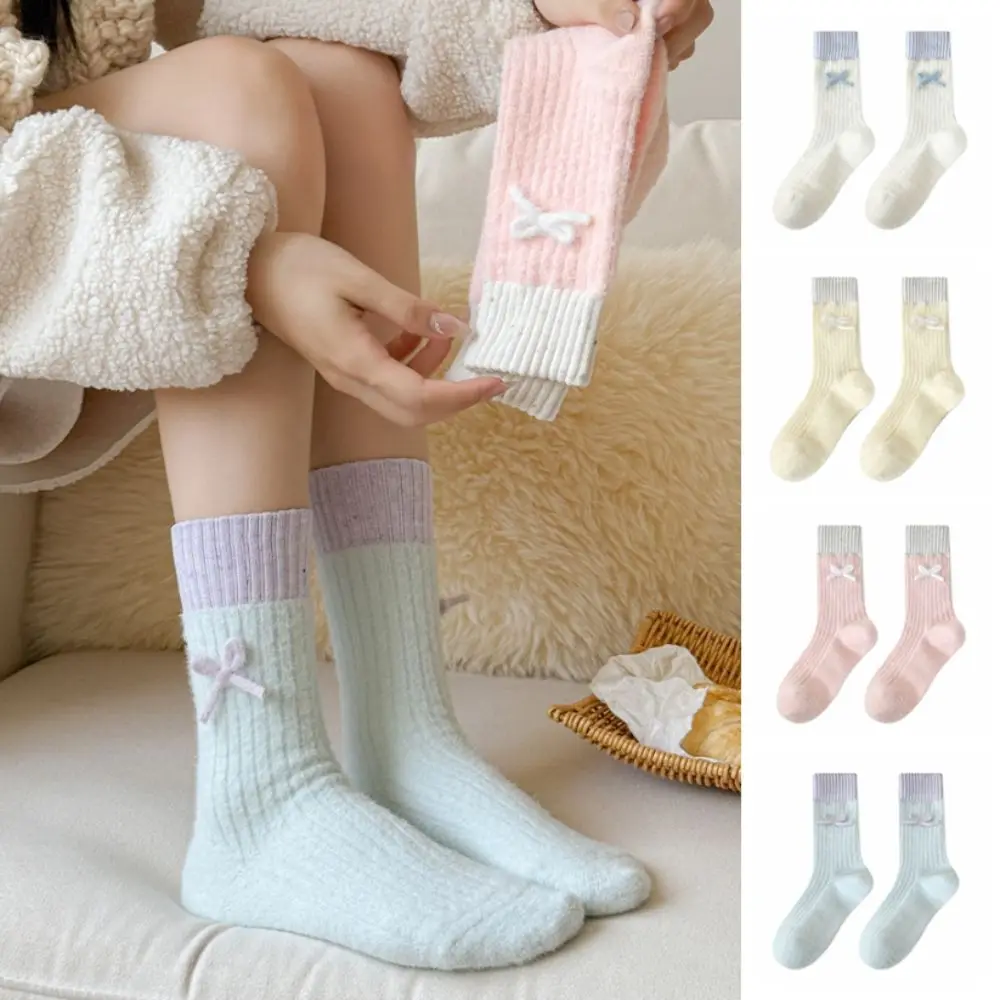 Sweet Bowknot Women's Thickened Socks Soft Cute Warm Home Socks ...