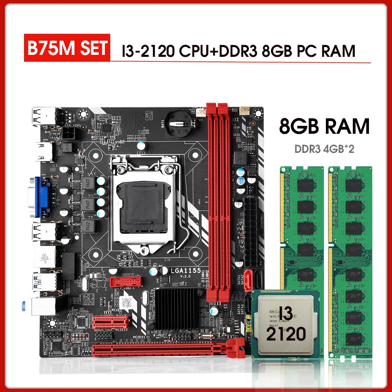 인텔 코어 LGA 1155 I3 2120 CPU, B75M 마더보드 세트, 2 개 x 4GB = 8GB 1600MHz PC ...