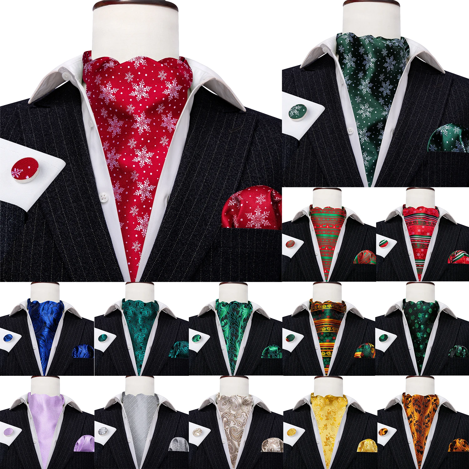 Barry.Wang Silk Men Ascot Handkerchief Cufflinks Sets Jacquard Floral ...