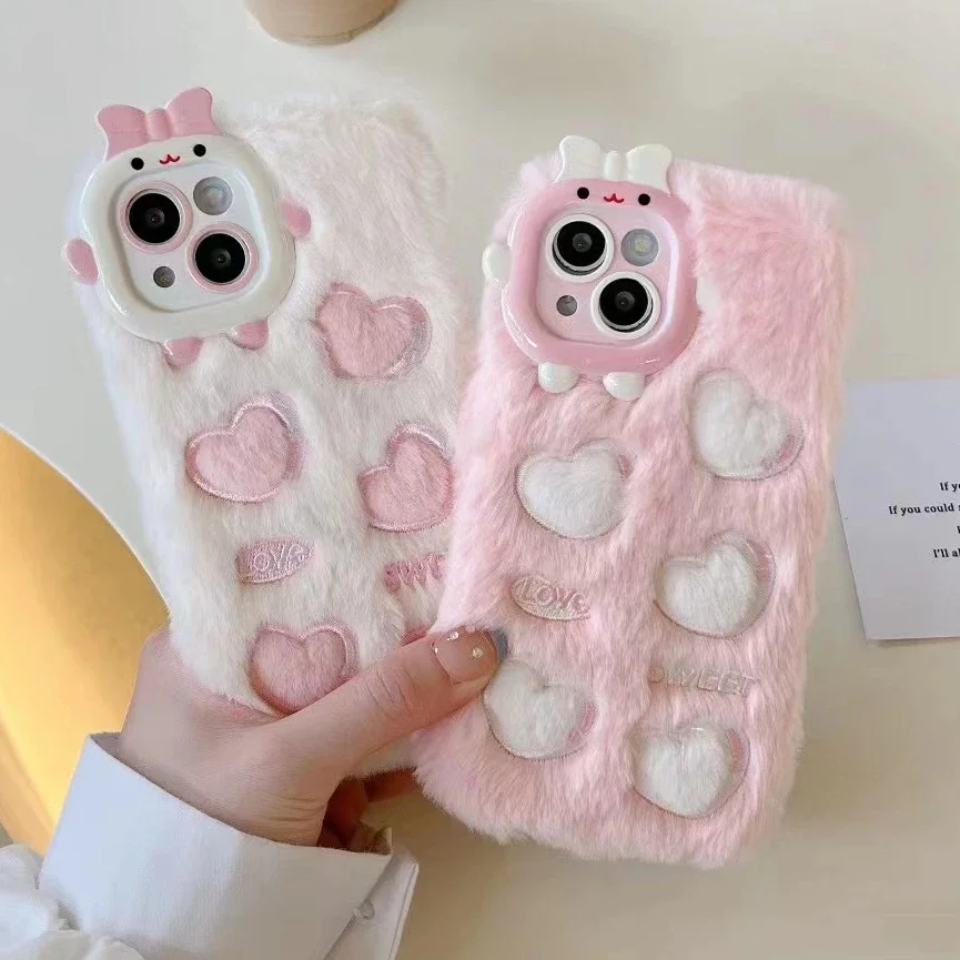 Cute-pink-white-love-heart-Fur-Fluffy-Phone-Case-for-iPhone-14-11-13-12 ...