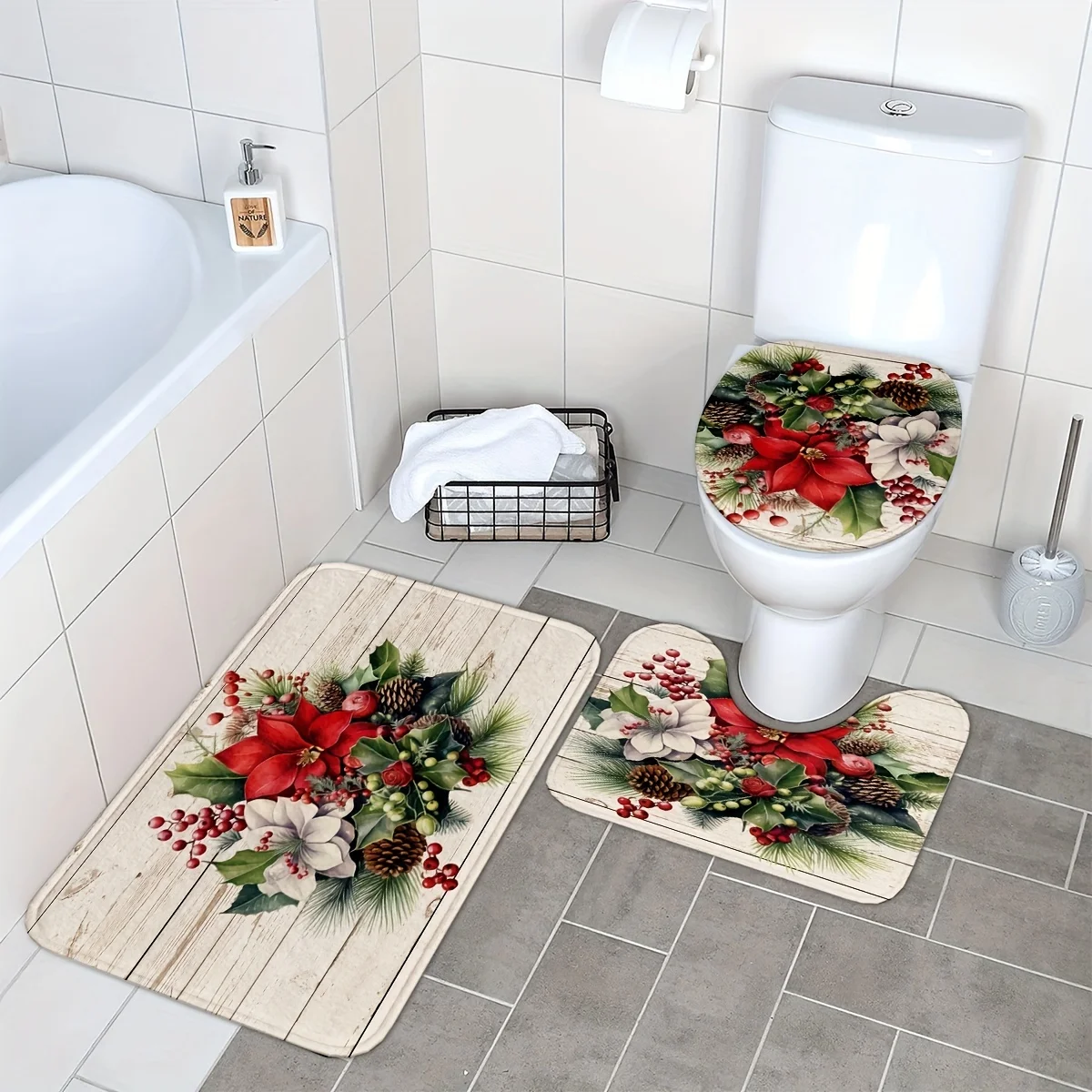 Cozy Christmas Floral Bathroom Set - Soft & Non-slip Contour Mat ...