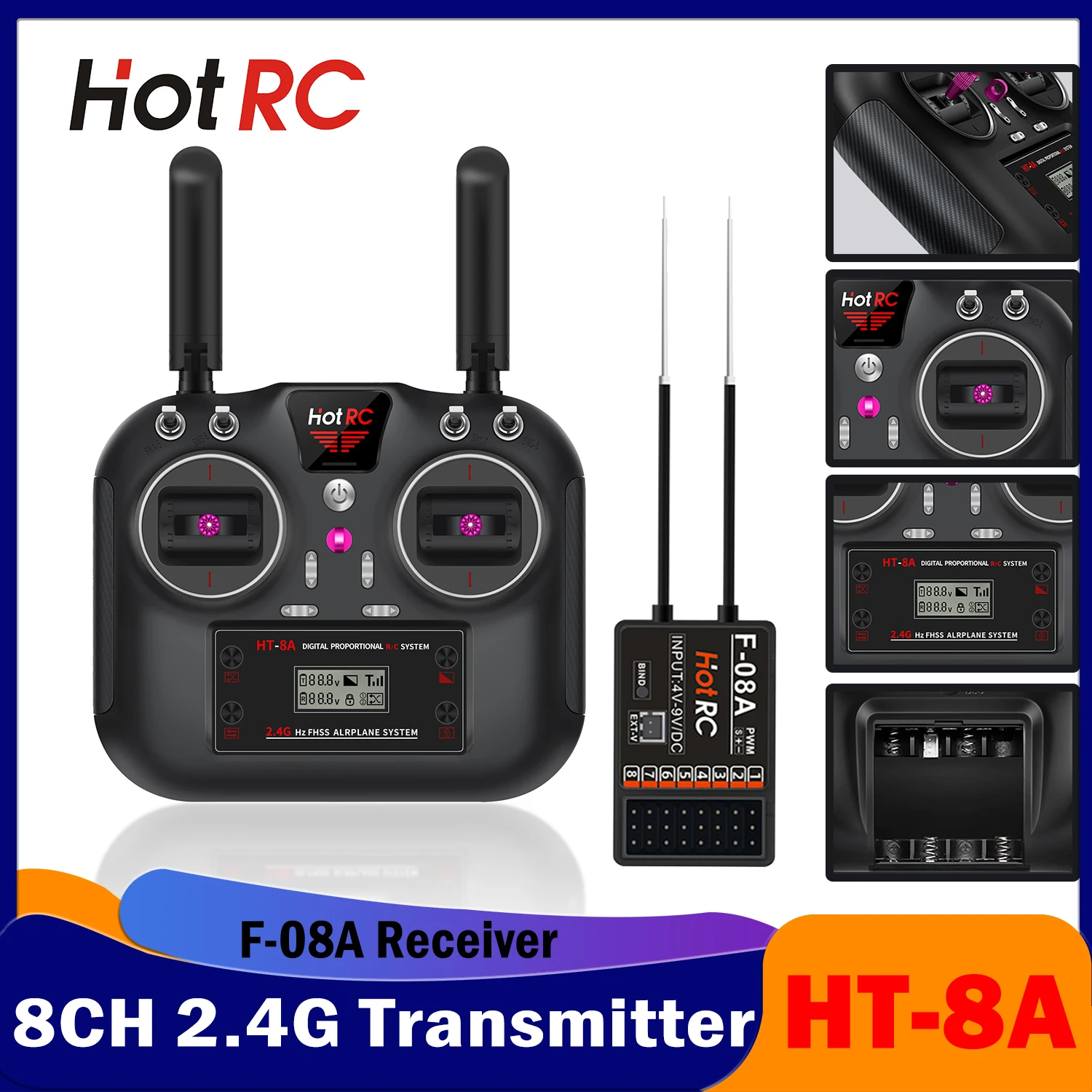 HotRC HT-8A 8CH 2.4G PWM Transmitter with 8 Channel Receiver Radio System for RC Aircraft Remote ...
