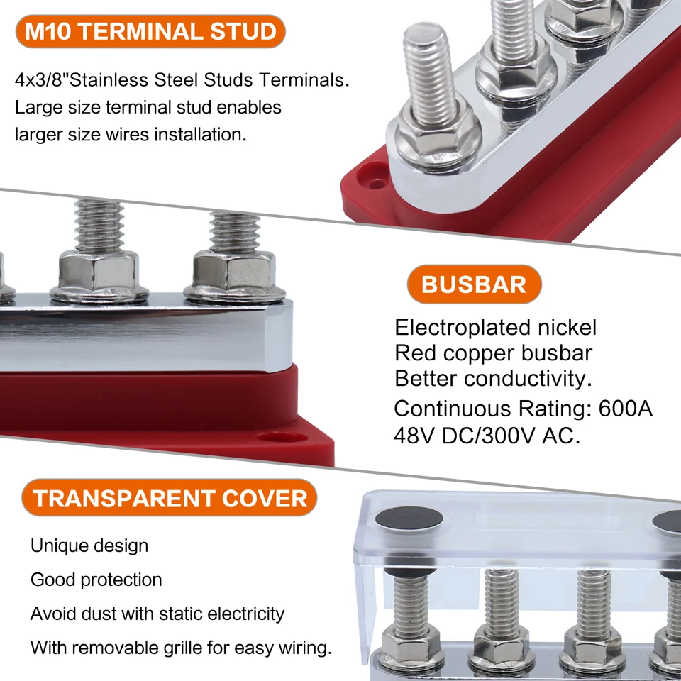 Bus Bar 12v Ambuker 2Pcs 600A High Current Bus Bar 12-48V DC Heavy-Duty ...