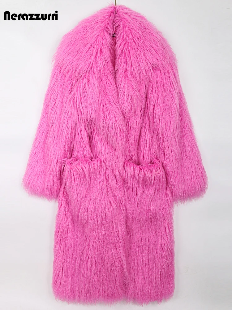 Nerazzurri Winter Long Bright Pink Oversized Shaggy Hairy Soft Fluffy Thick Warm Faux Fur Coat ...