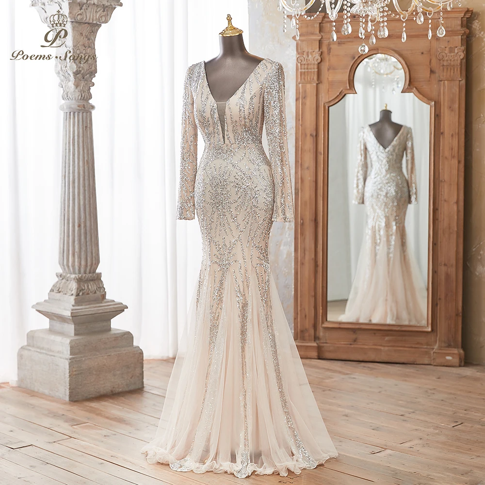 Luxurious-Silver-Long-Sleeve-Sequin-Gown-Deep-V-Neck-Embellished ...