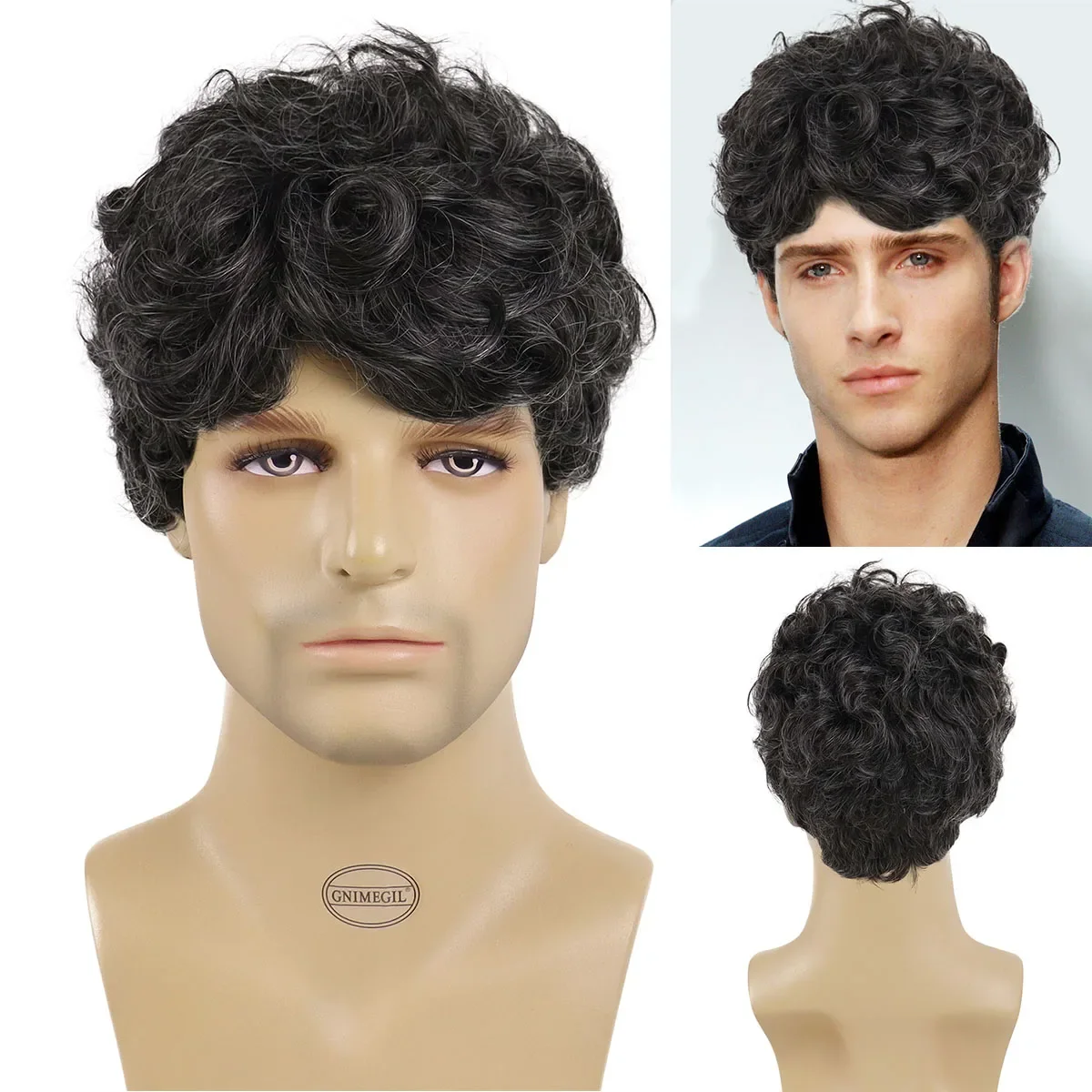 GNIMEGIL-Synthetic-Man-Wig-Black-Mix-Grey-Hair-Short-Curly-Wig-for-Male ...