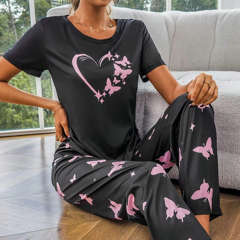 Women-s-Pajama-Sets-Summer-Short-Sleeve-Pyjamas-Butterfly-Print-Home ...