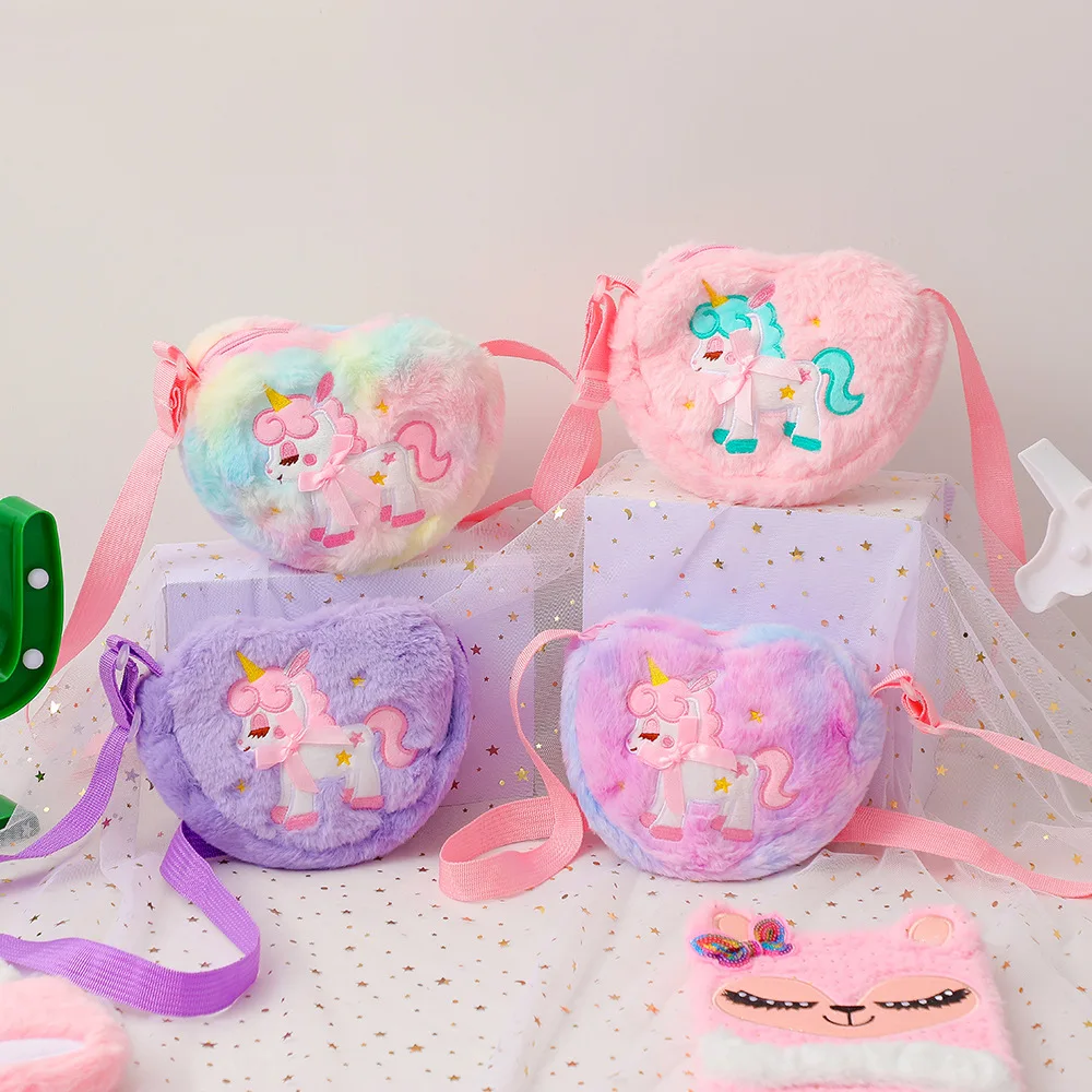 Children Cartoon Unicorn Plush Heart Crossbody Purses Handbags Girl ...