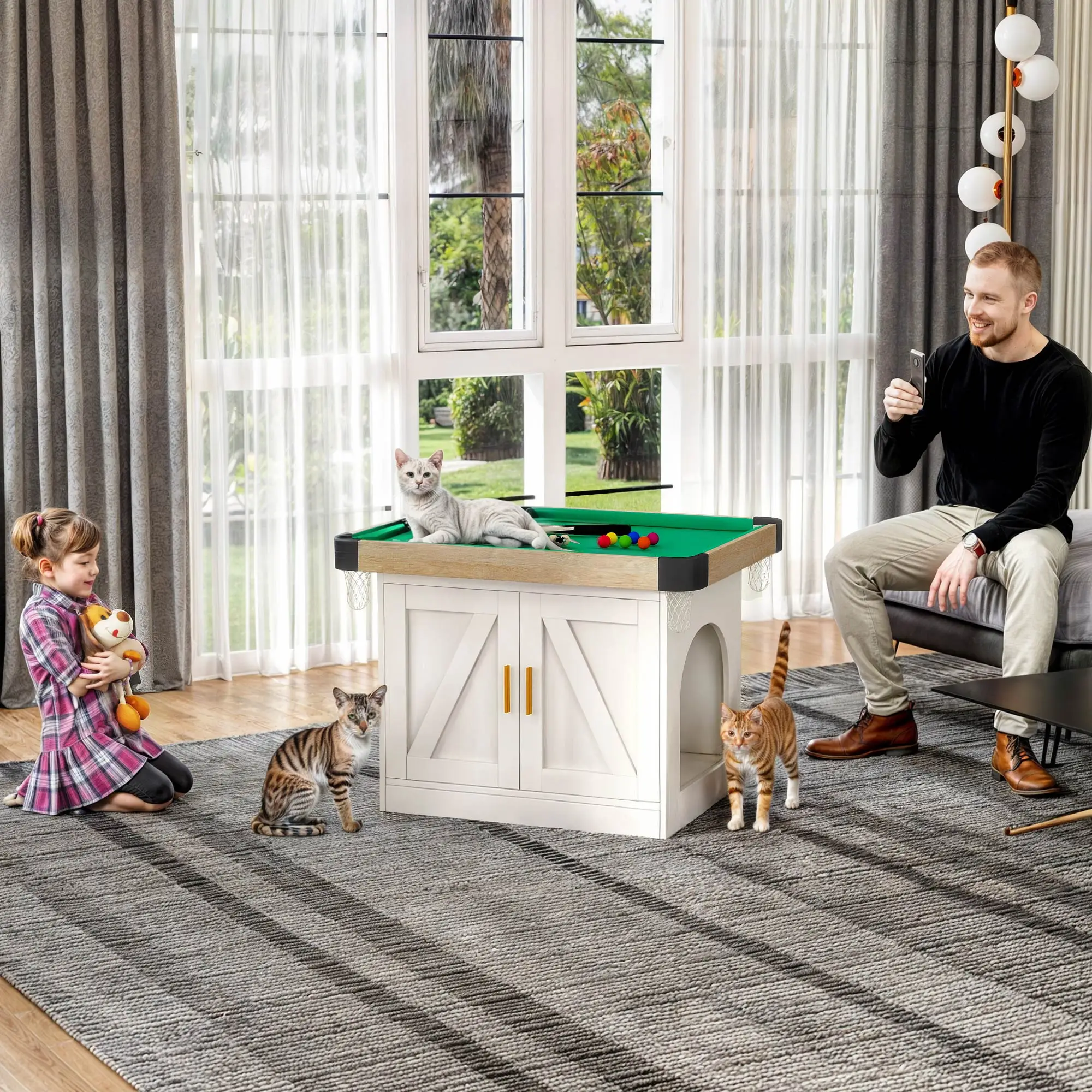 2-in-1-Cat-Litter-Box-Enclosure-Cabinet-Wooden-Cat-Toys-Mini-Pool-Table ...