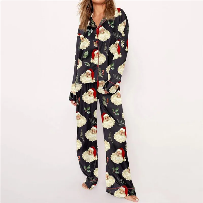 Hirigin-Women-Satin-Christmas-Pajamas-Santa-Print-Long-Sleeve-Button ...