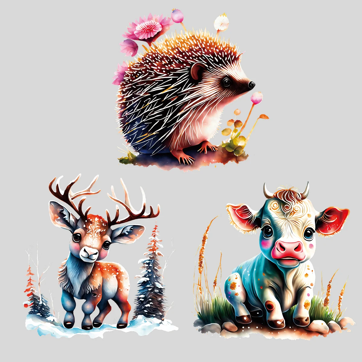 Cartoon Animals Heat Transfer Stickers Hedgehog Deer And Calf DIY Iron ...