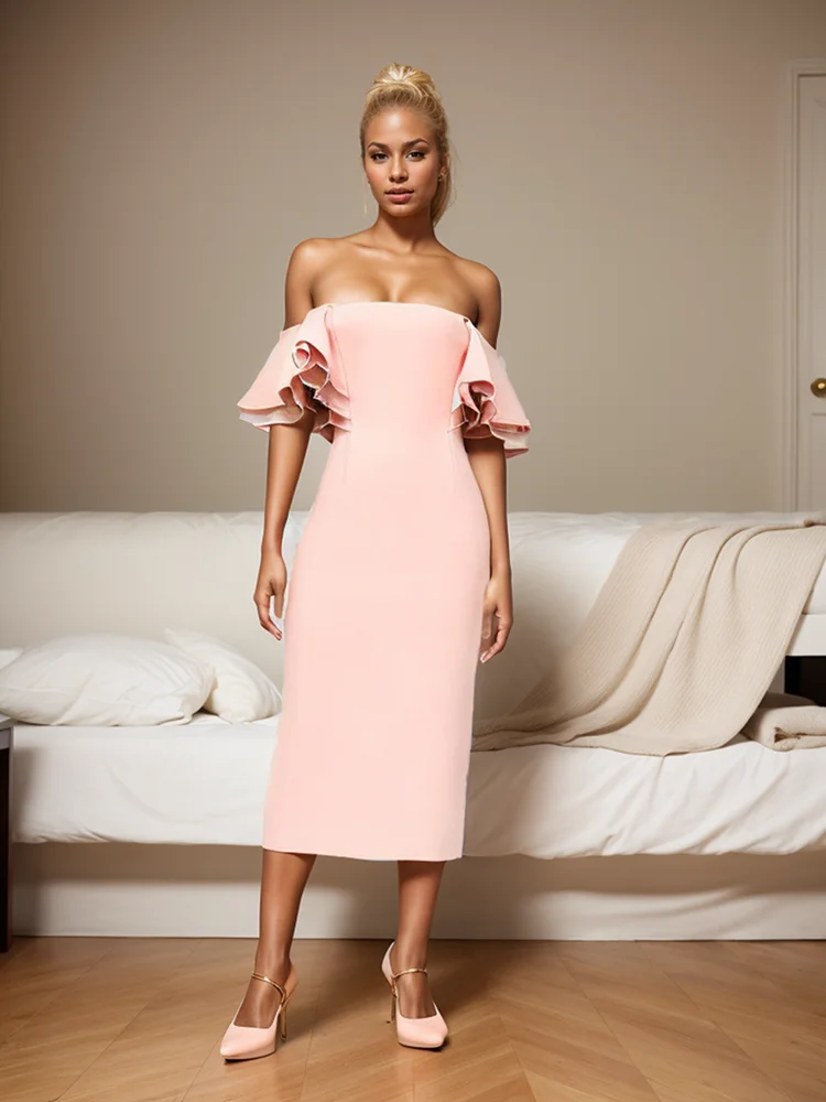 Sexy-Off-Shoulder-Lotus-Leaf-Sleeve-Bandage-Dress-Women-Pink-Butterfly ...