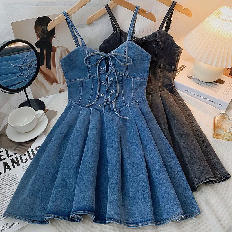 Denim Spaghetti Strap Dress Women's Summer 2024 New Korean Drawstring ...