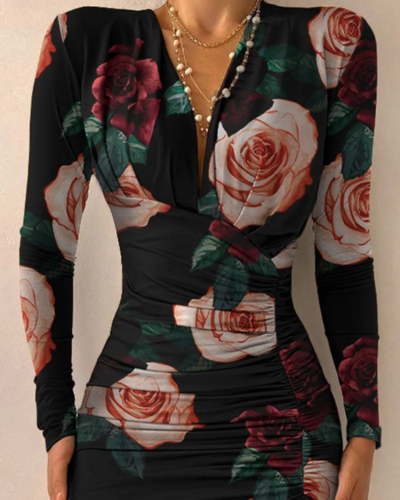 Printed V Neck Pleated Tunic Slit Irregular Sexy Party Bodysuit Dress