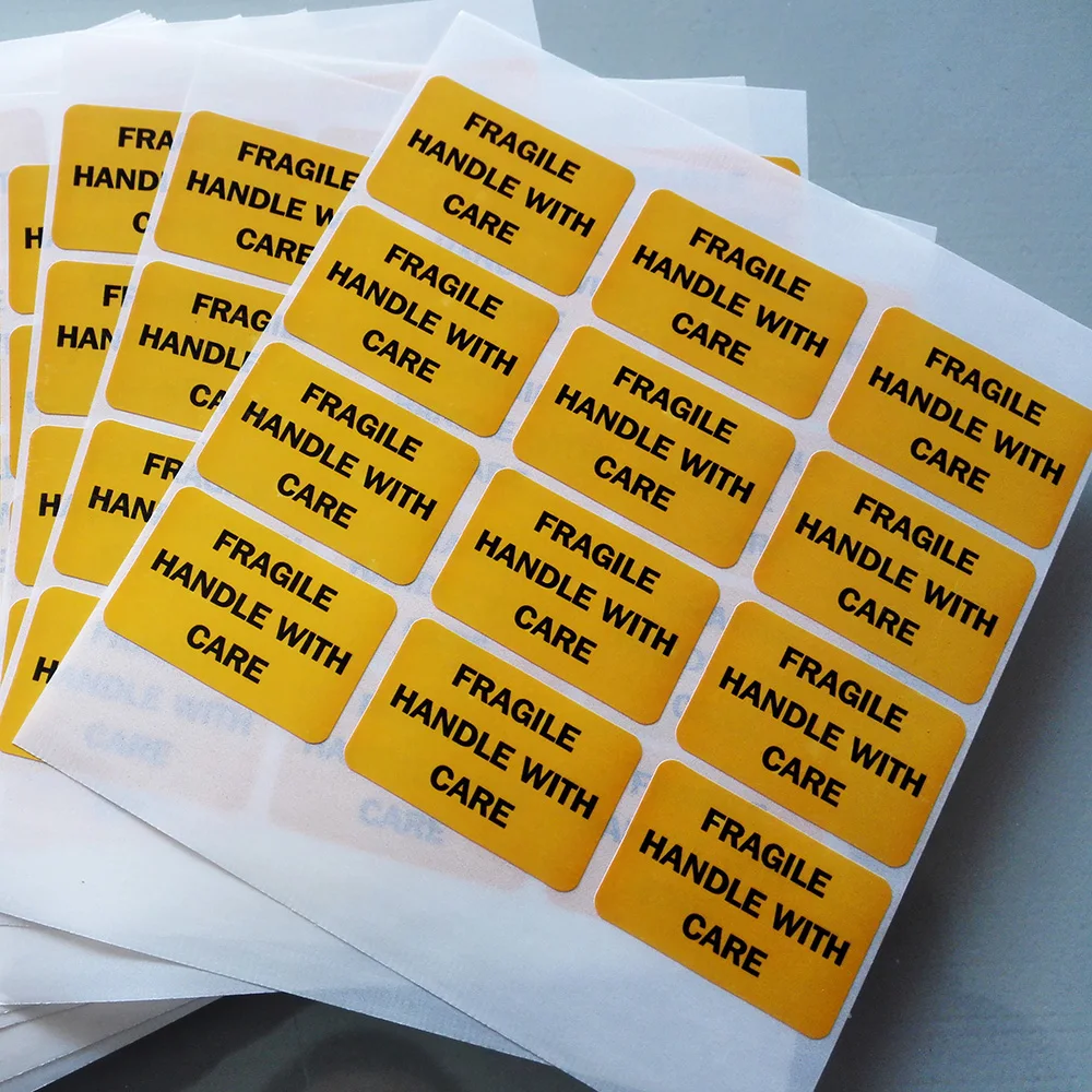 1000pcs 38x25mm FRAGILE HANDLE WITH CARE Black on Orange Paper Label ...