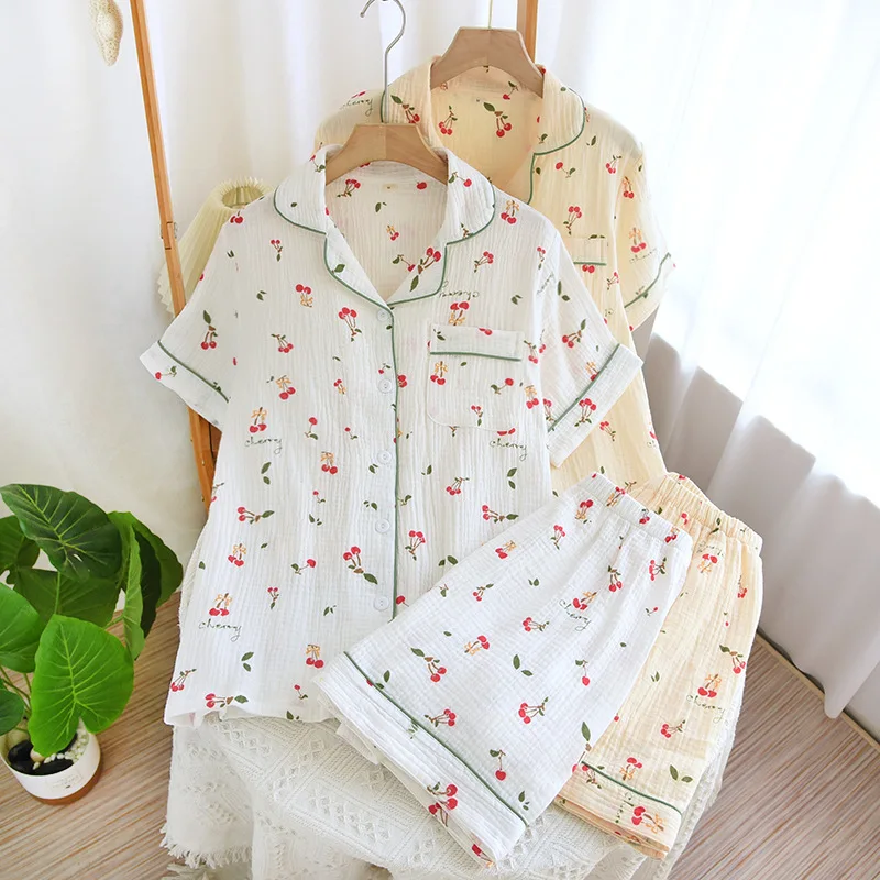 2024-New-Summer-Autumn-Women-Pajamas-100-Cotton-Gauze-Cherry-Print ...