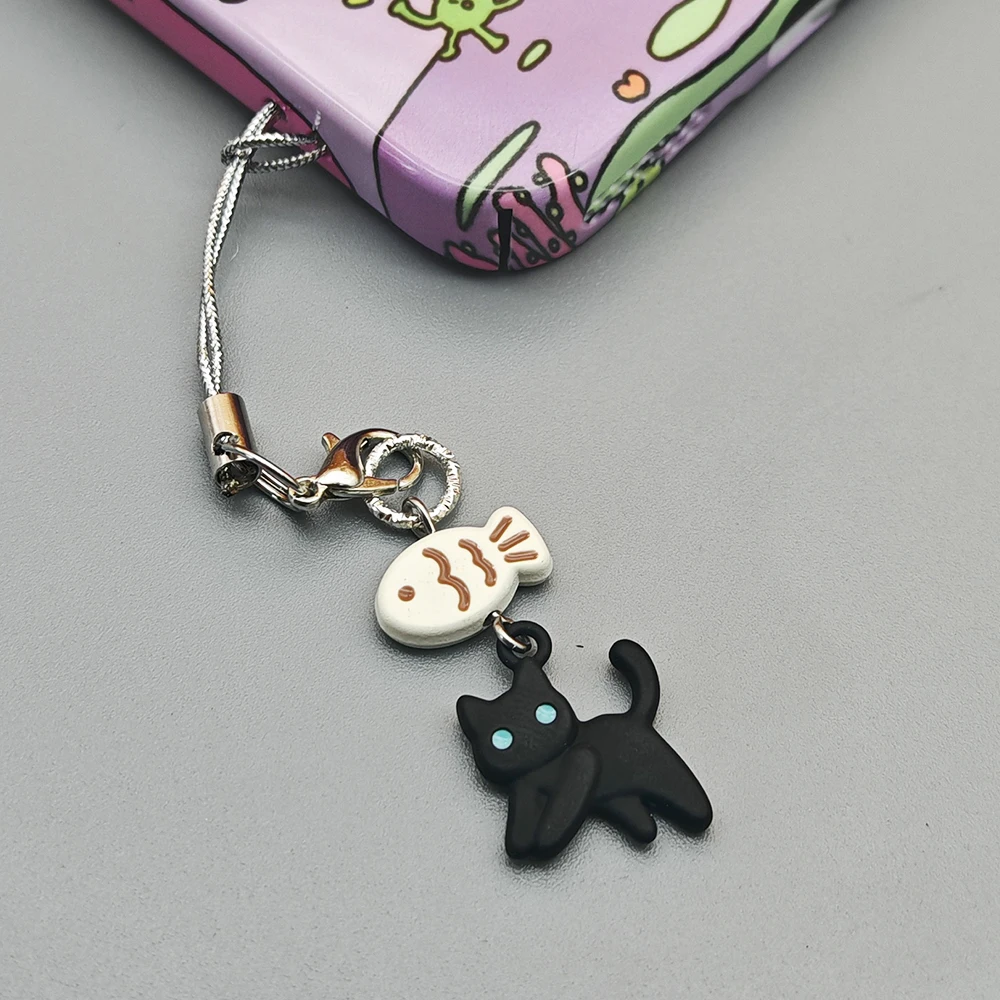Black Cat Fish Phone Charm Beaded Keychain Chain Simple Fashion Cartoon ...