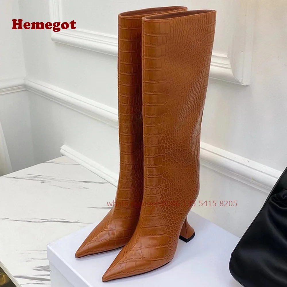 Brown-Croc-Pattern-Wine-Grasses-Boots-Pointy-Toe-Strange-Style-Knee ...