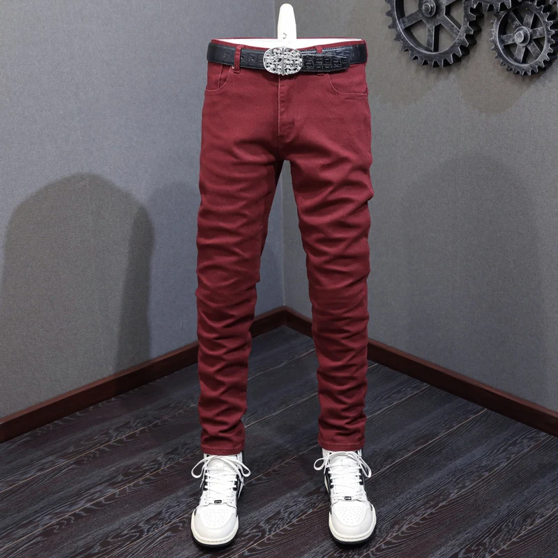 Fashion-Designer-Men-Jeans-High-Quality-Wine-Red-Elastic-Stretch-Slim ...