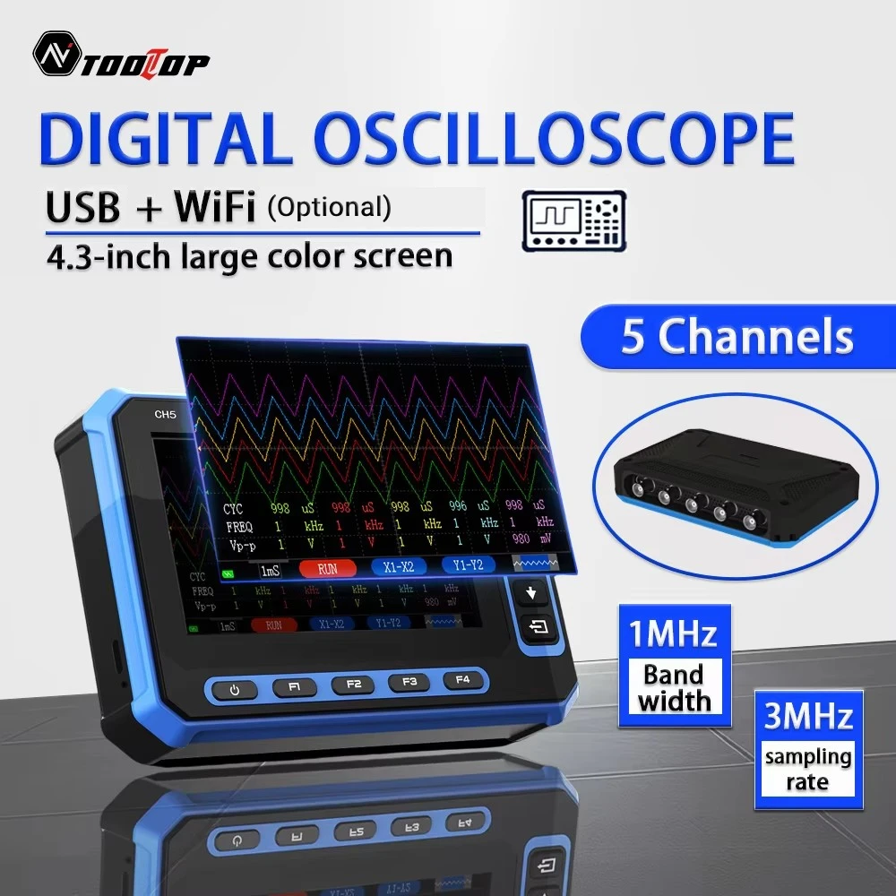 TOOLTOP 5CH Digital Oscilloscope 1MHz USB Desktop Oscilloscope 4.3-Inch ...
